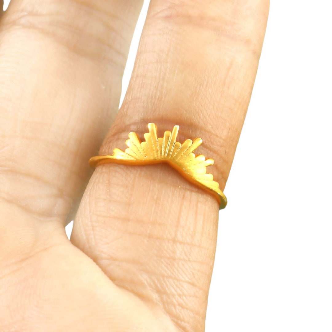 14k Solid Gold Sunburst Ring, Gold Sunbeam Ring, Sunshine Ring, Rising ...