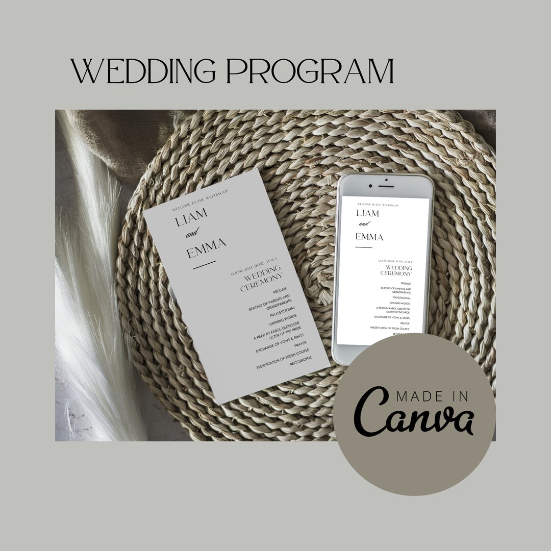 Editable WEDDING PROGRAM CARD Canva, Minimalist Order of Service Diy Program Custom Printable ...