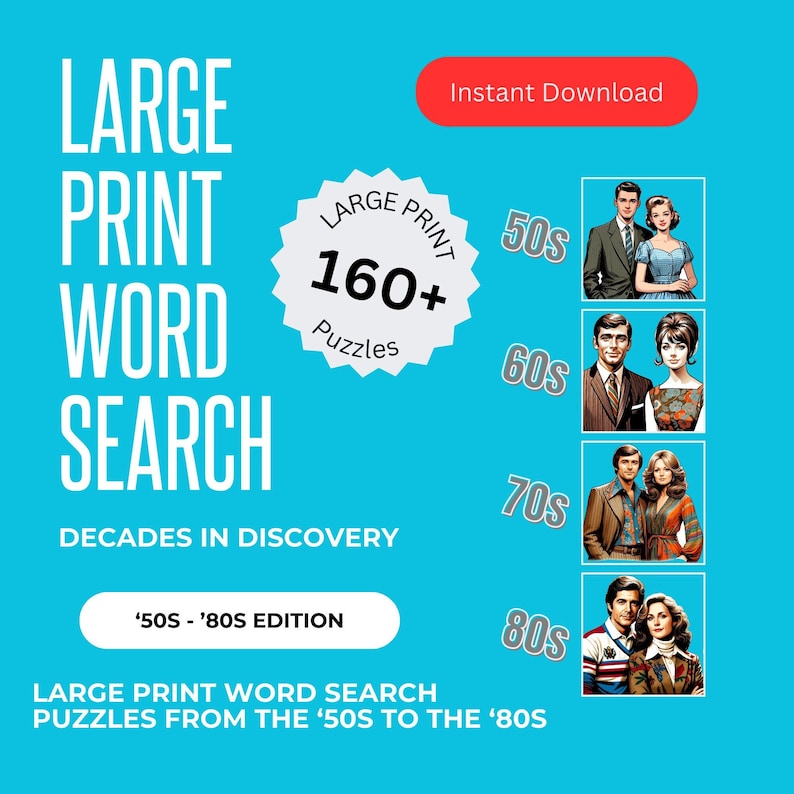 Large Print Word Search Puzzles - 50s Through 80s - 160 Printable ...