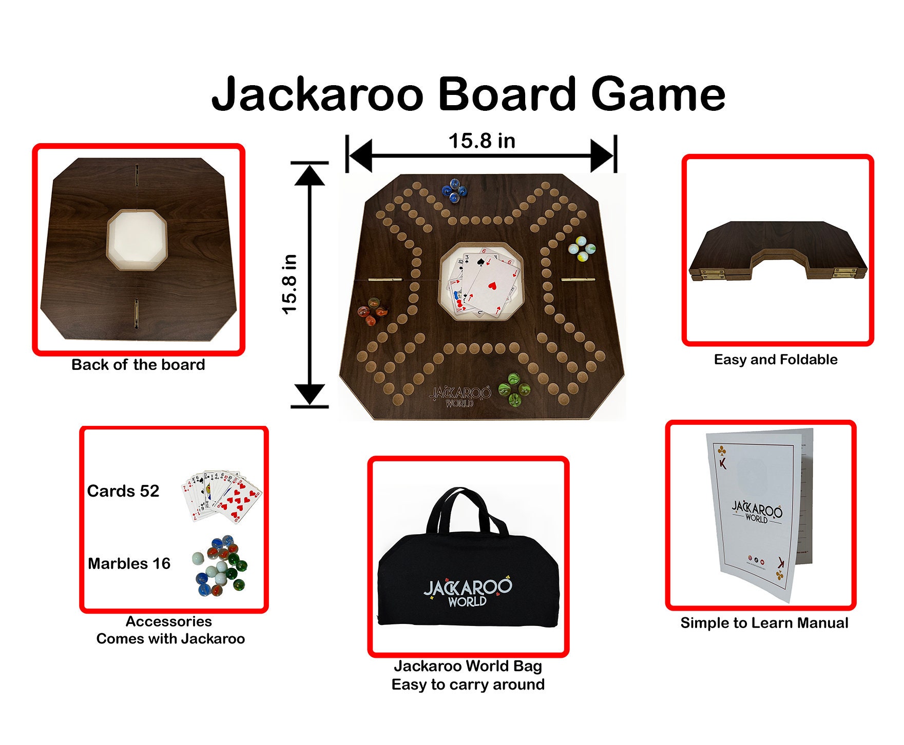 Jackaroo Board Game Strategy, Competitive, Fun 2-4 Player Marbles and Card Game Wooden Board ...