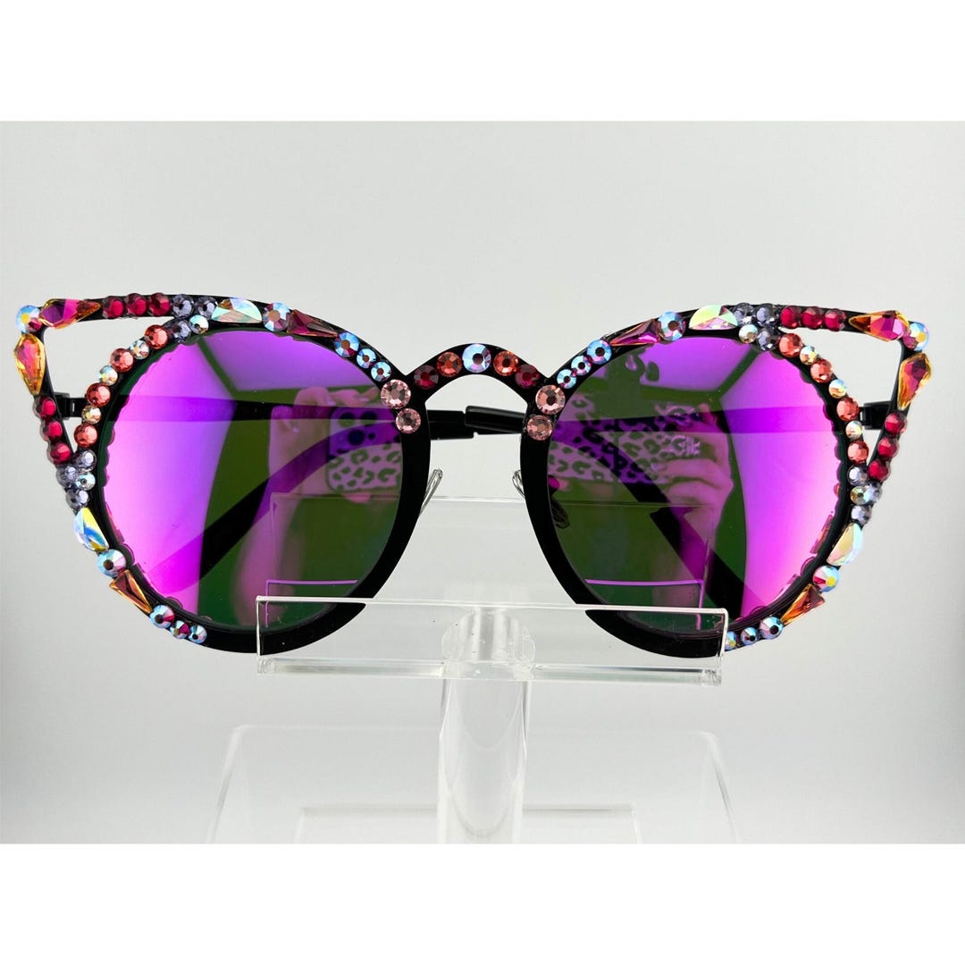Round Metal Cut-out Cat Eye Rhinestone Embellished Sunglasses With ...