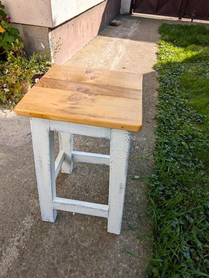 Farmhouse Rustic Wooden Bar Stool. Shabby White Kitchen Artist Tall ...
