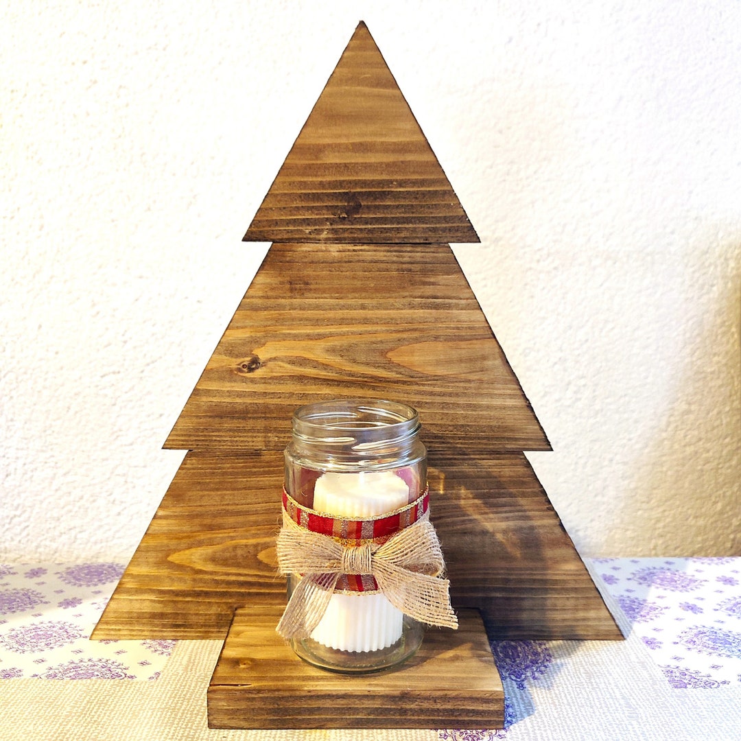 Wooden Christmas Tree Candle Jar Stand Natural Wood Christmas ...