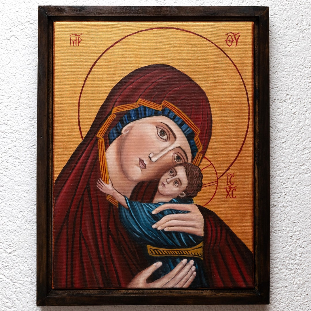 Handpainted Byzantine Icon - Theotokos of Vladimir, Oil on Canvas in ...
