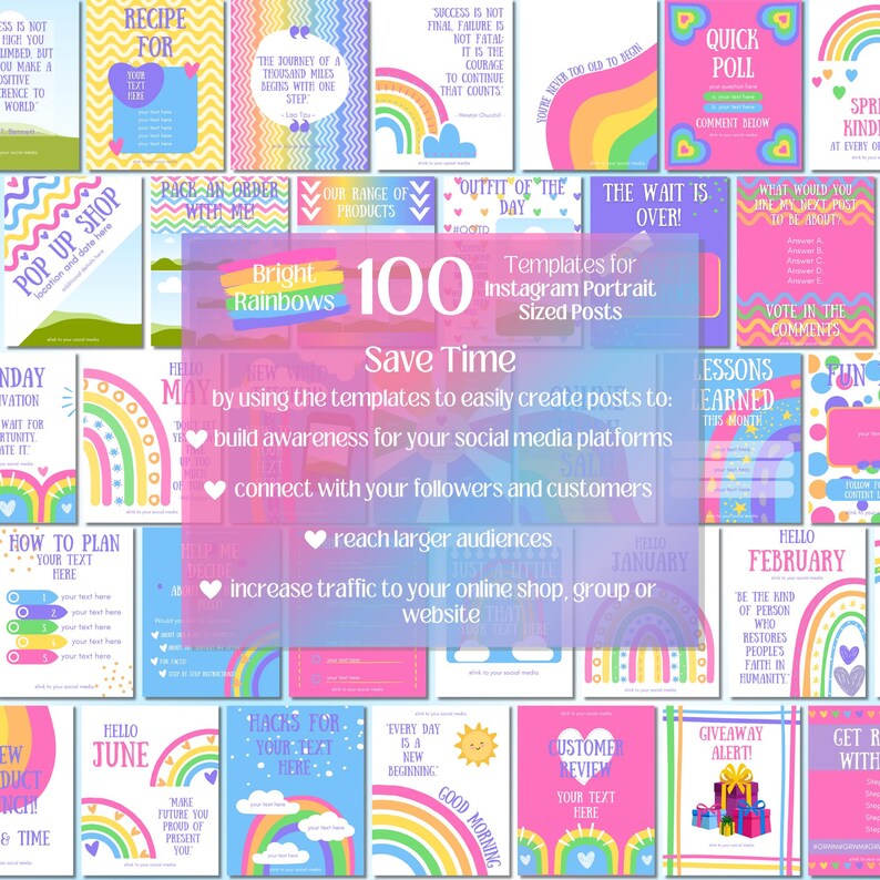 100 Post Templates New Instagram Grid Layout, Bright Colorful Rainbow ...