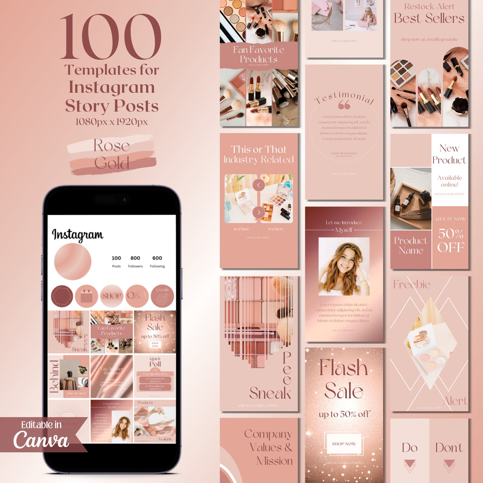 100 Instagram Story Templates, Social Media Templates Rose Gold ...