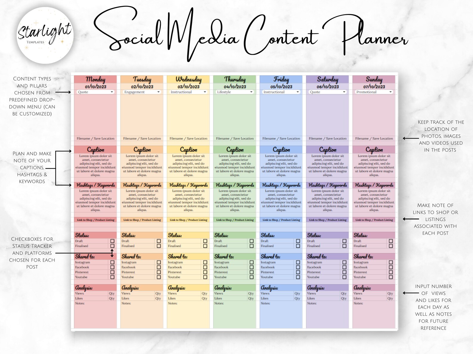 Rainbow Social Media Content Planner Google Sheets Template Social ...