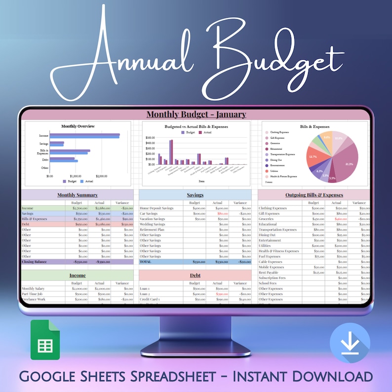 Yearly Budget Google Sheets Spreadsheet, Annual Financial Planner ...