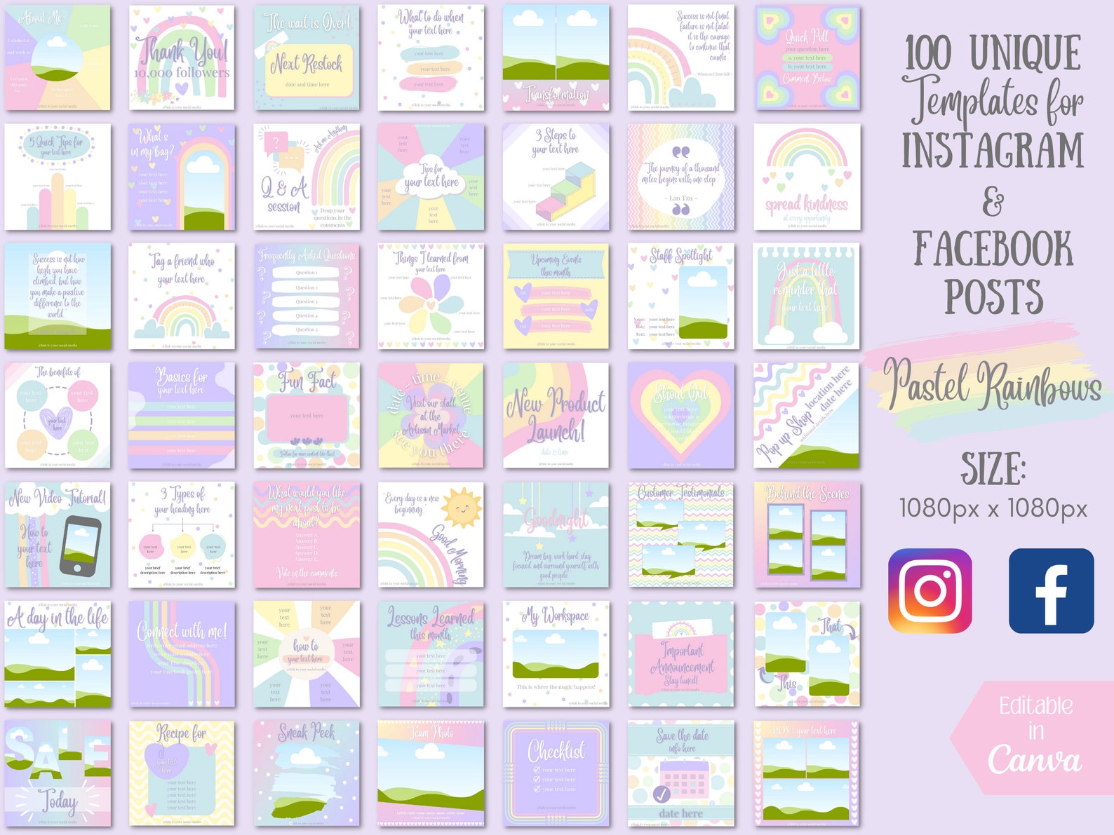 Pastel Rainbow Instagram Bundle, 100 Post Templates & 30 Highlight ...