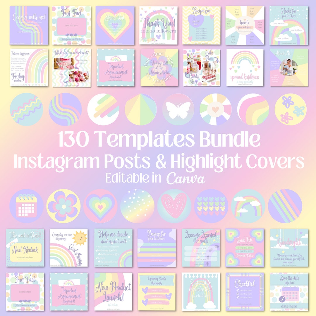 Pastel Rainbow Instagram Bundle, 100 Post Templates & 30 Highlight ...