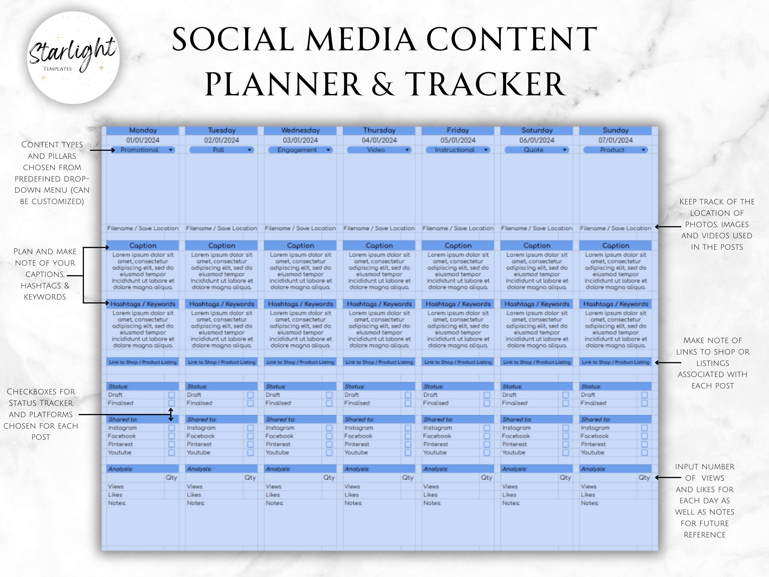 Full Year Social Media Content Planner, Google Sheets Template, Social ...