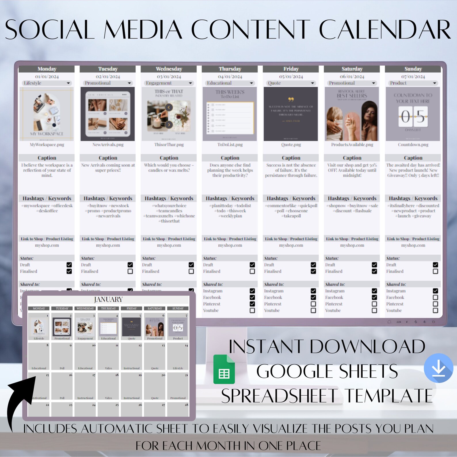 Social Media Organizer, Social Media Content Planner, Content Calendar ...