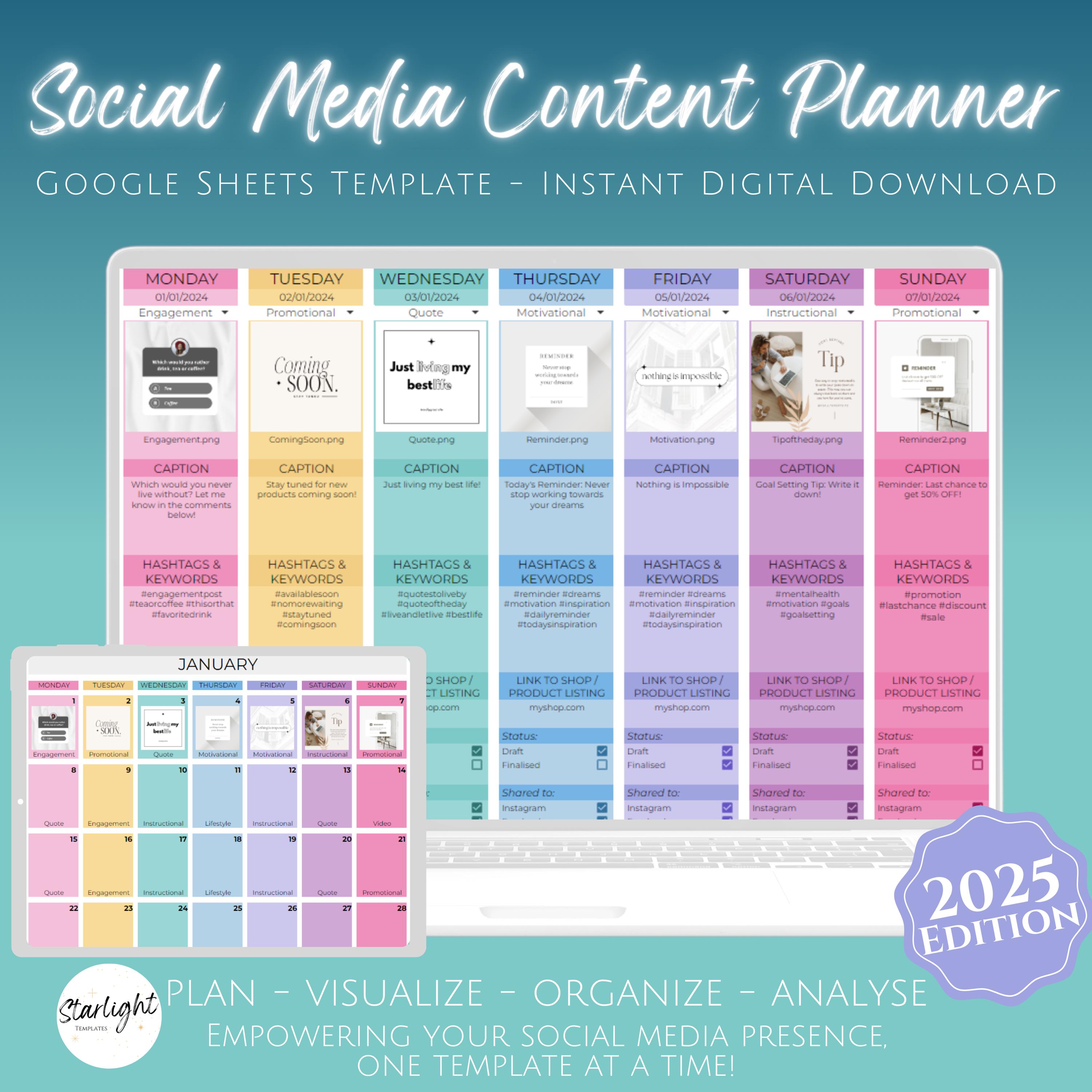 Full Year Social Media Content Calendar Planner, Google Sheets ...