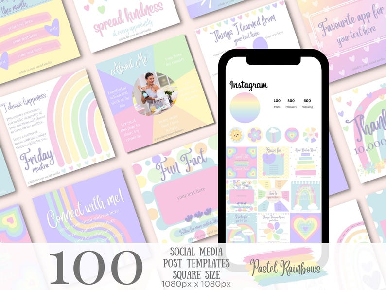 100 Colorful Instagram Templates, Instagram Pastel Rainbow, Social ...