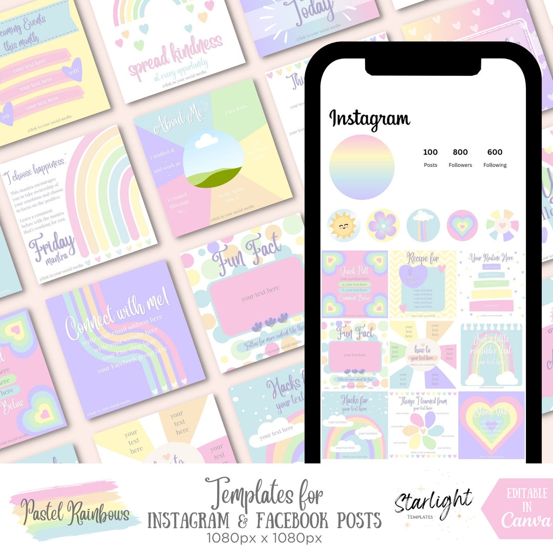 Pastel Rainbow Instagram Templates, Instagram Rainbow Posts, Social ...