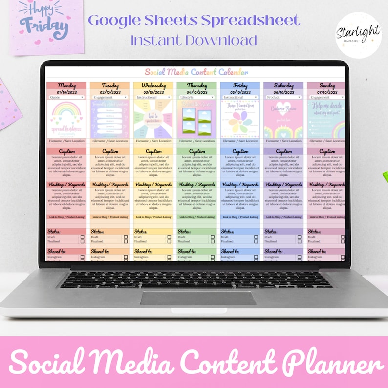 Rainbow Social Media Content Planner Google Sheets Template Social ...