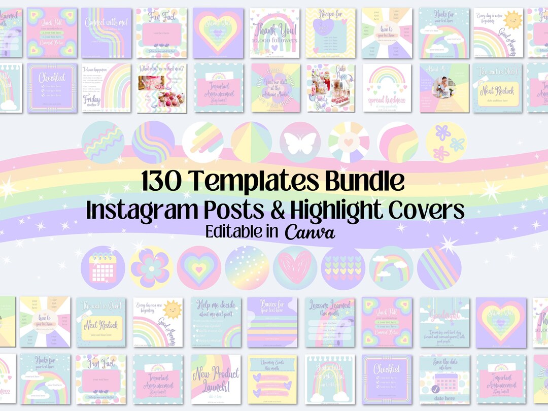 Pastel Rainbow Instagram Bundle, 100 Post Templates & 30 Highlight ...