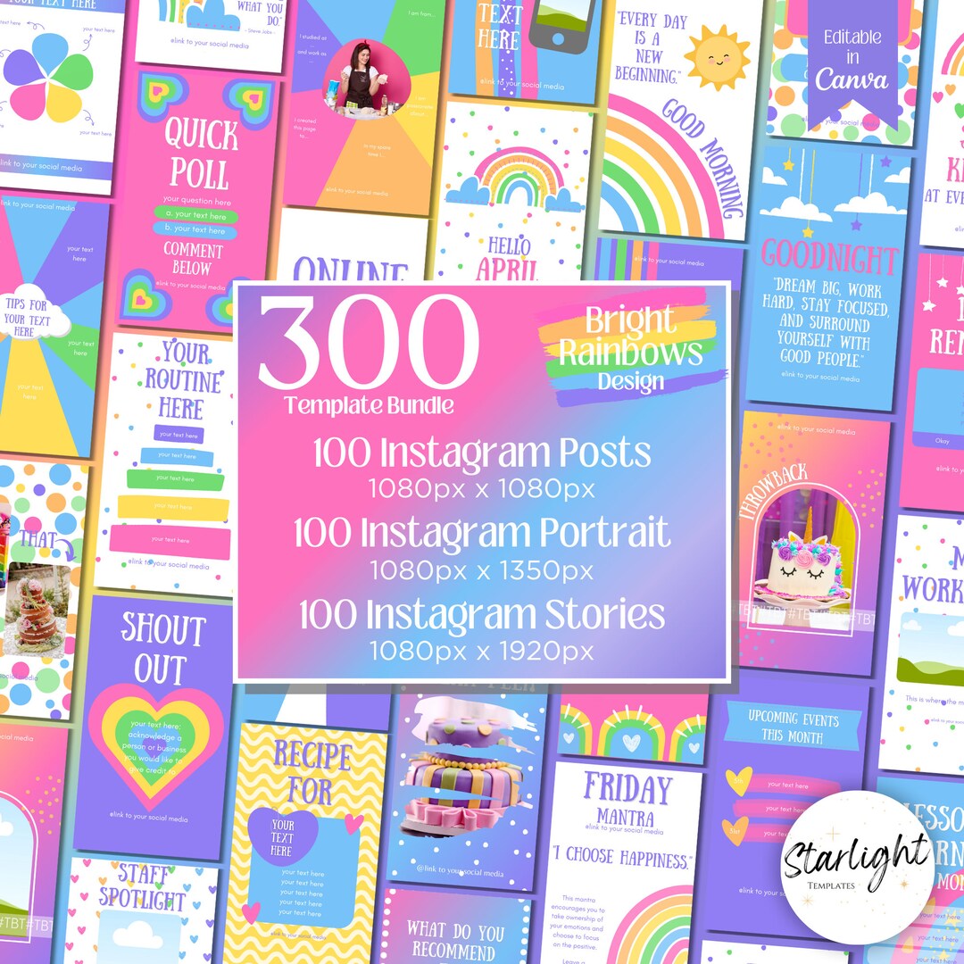 300 Rainbow Instagram Post Templates Bundle, Bright Instagram Rainbow ...