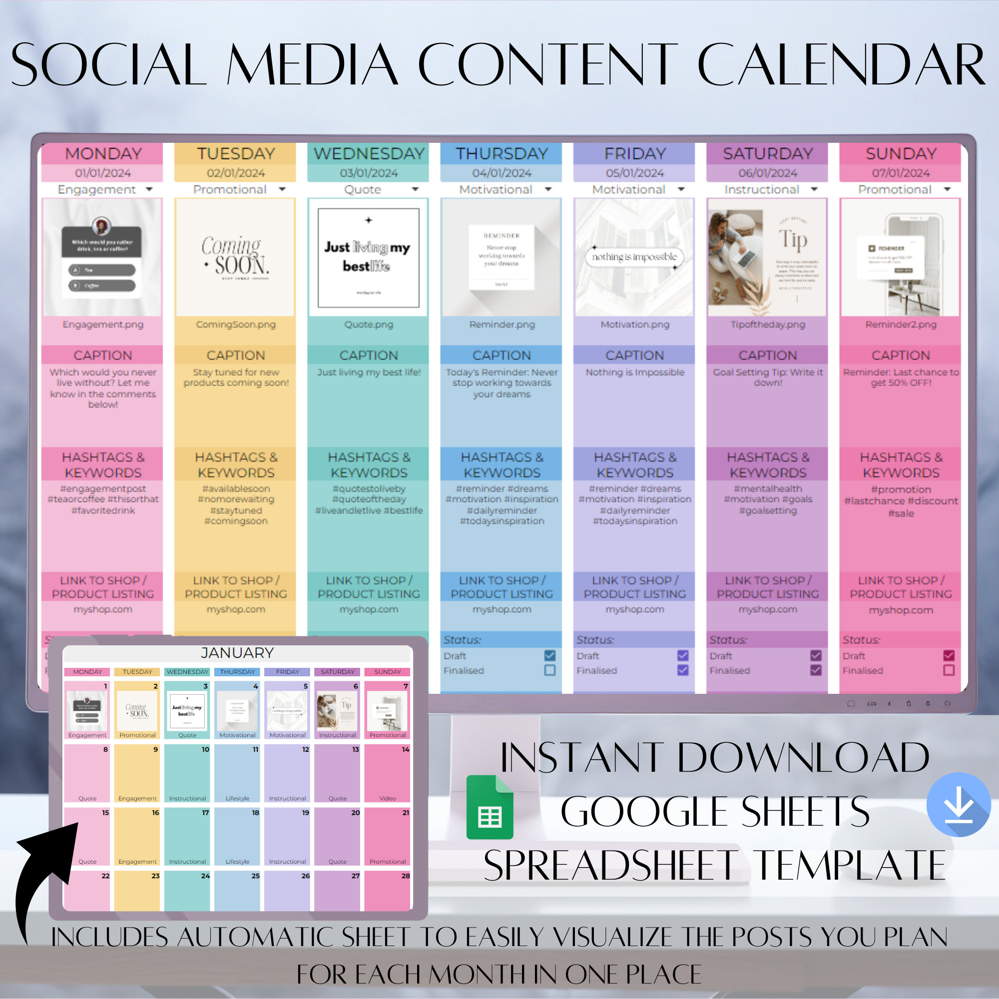 Social Media Content Calendar and Planner, Google Sheets Spreadsheet ...