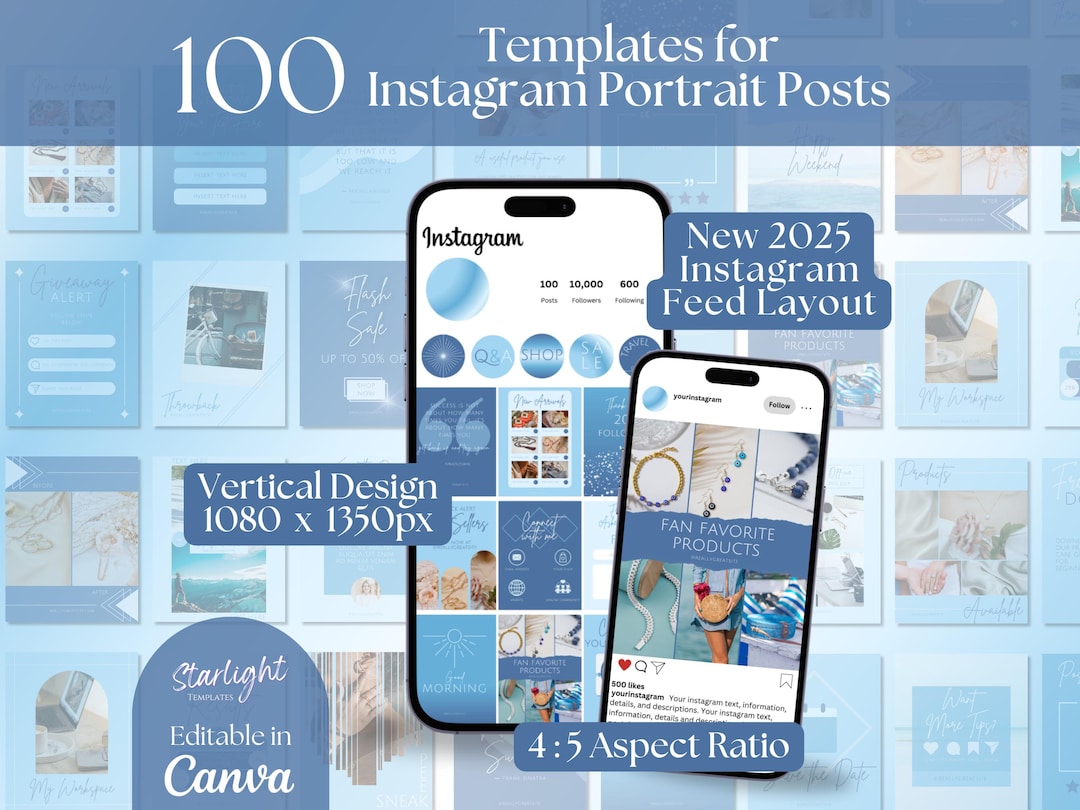 100 Post Templates New Instagram Grid Layout, Blue Instagram Portrait ...