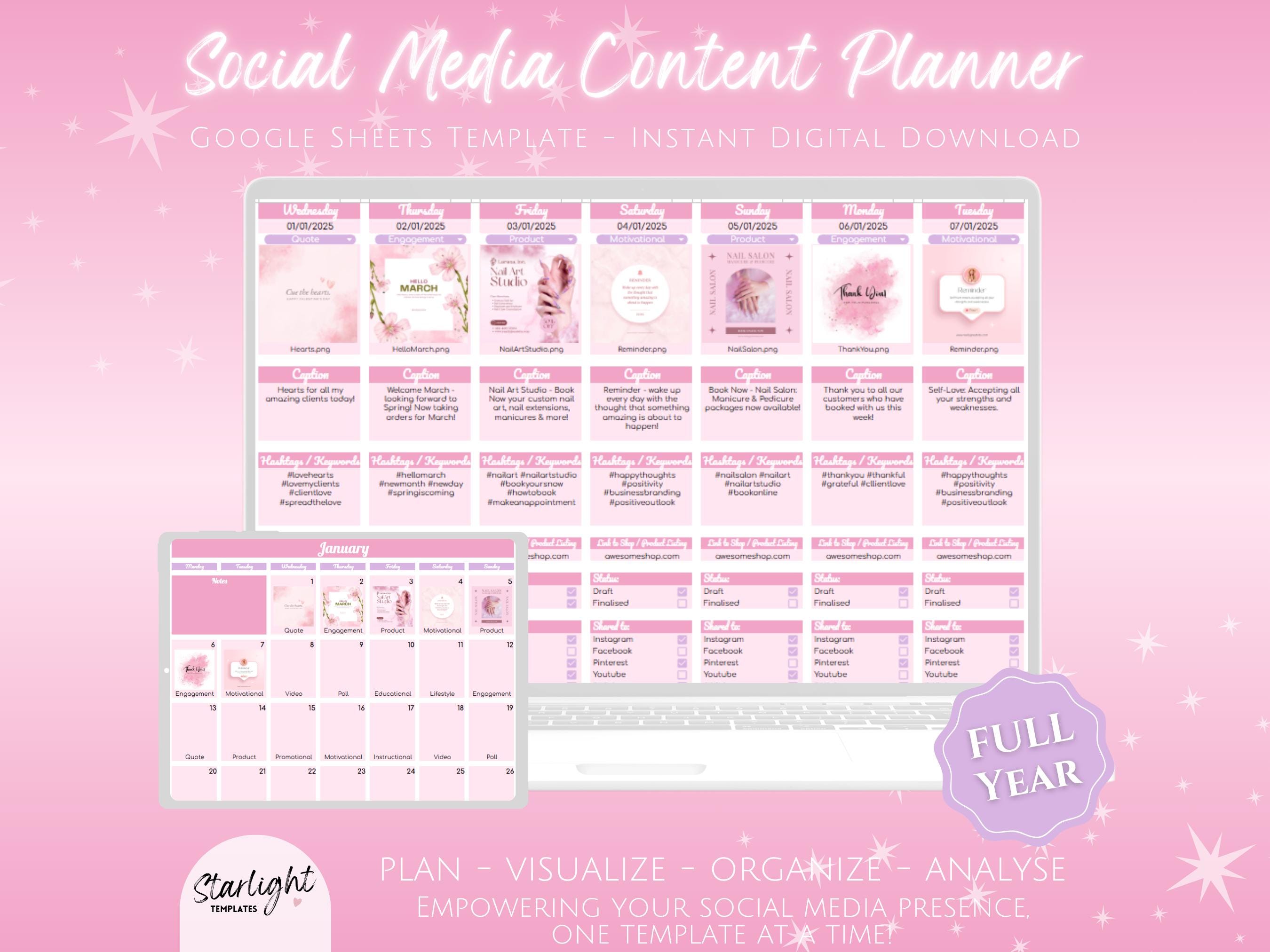 Pink Social Media Content Planner, Content Calendar Tracker, Social ...