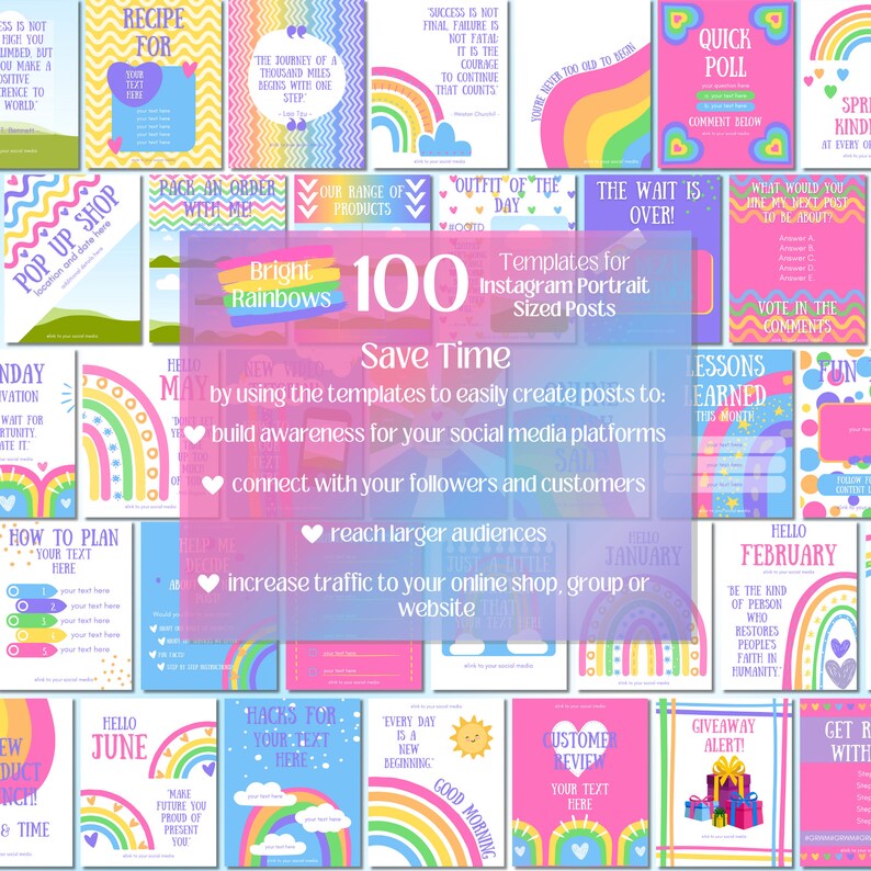 100 Bright Rainbow Instagram Portrait Post Templates, Canva Templates ...