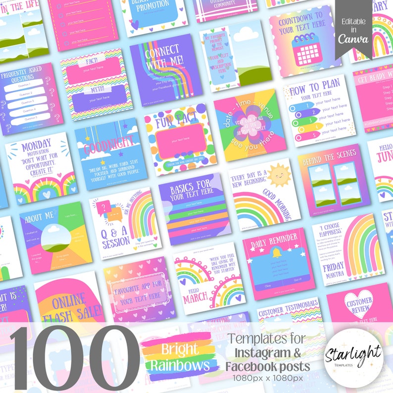 Bright Rainbow Instagram Post Templates Colorful Canva Templates ...