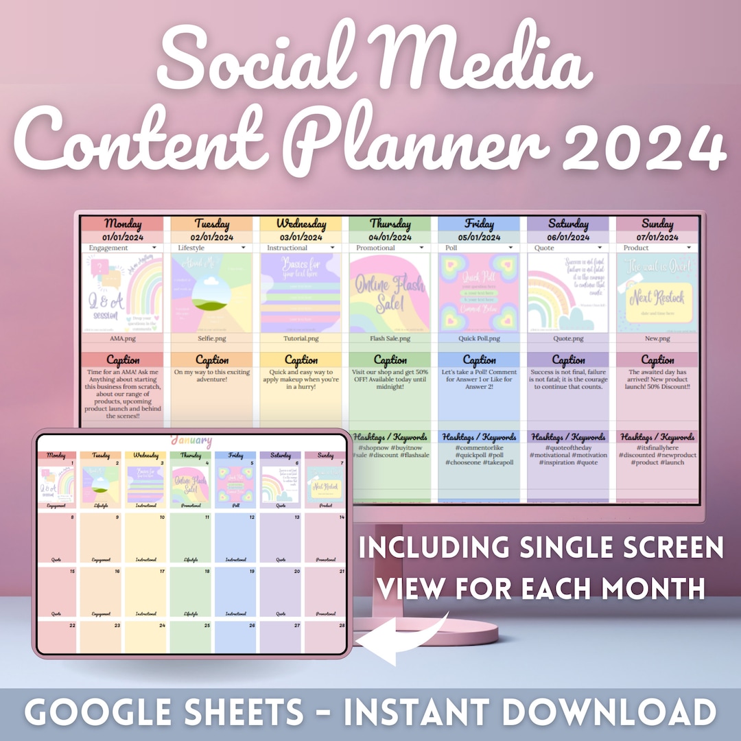 Social Media Content Planner 2024, Google Sheets Social Media Calendar ...