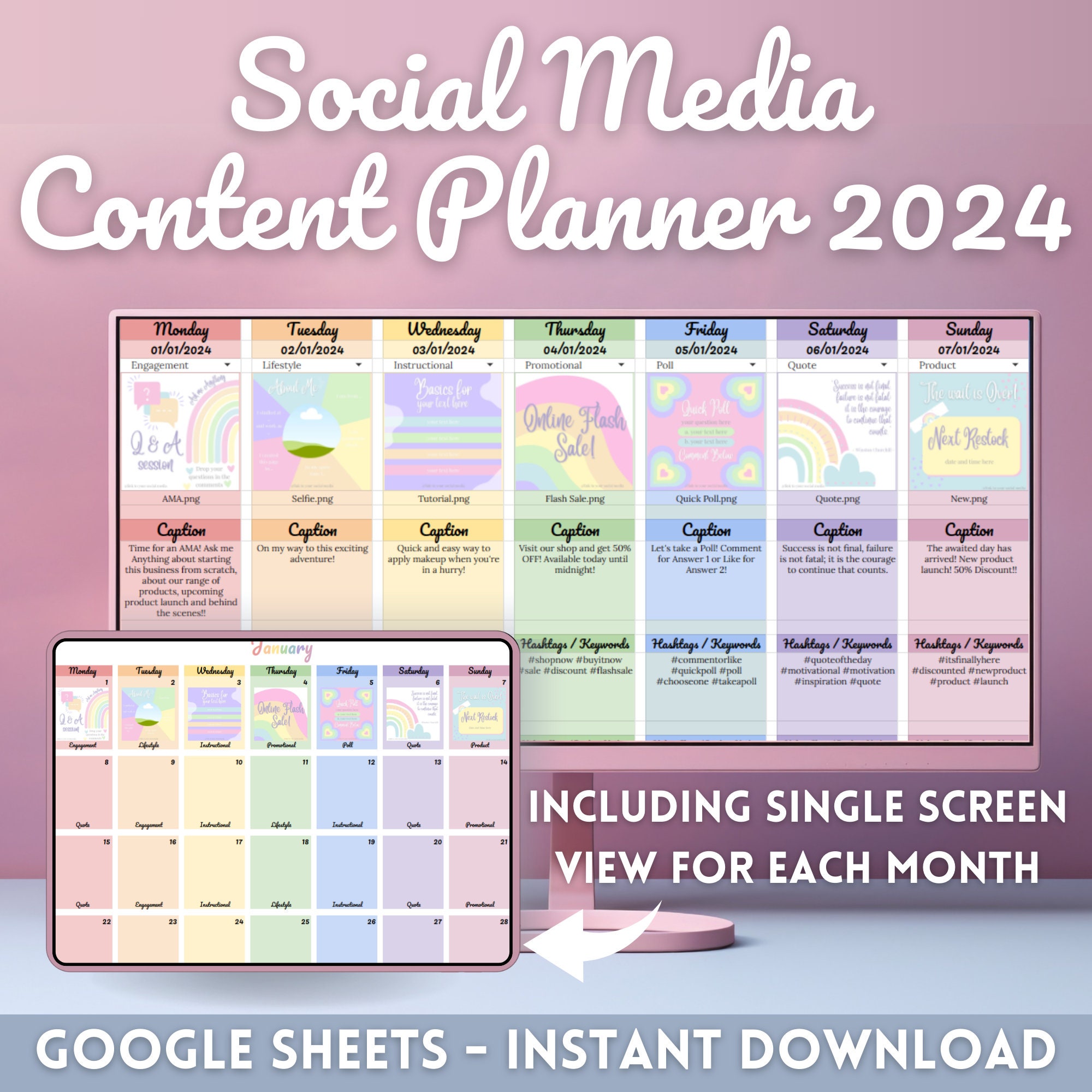 Social Media Content Planner 2024, Google Sheets Social Media Calendar ...