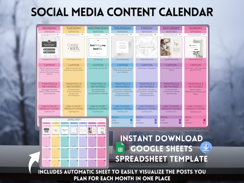 Social Media Content Calendar and Planner, Google Sheets Spreadsheet ...