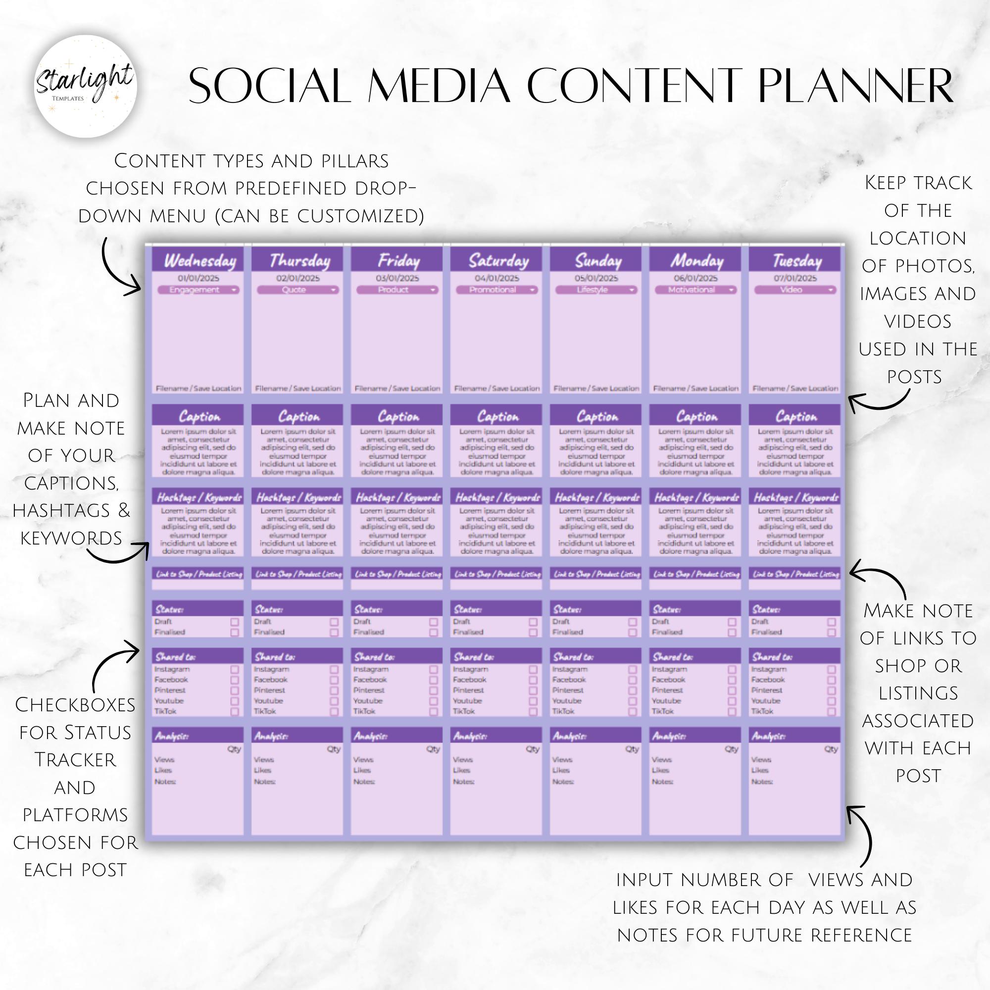 Social Media Organizer, Purple Social Media Planner, Content Calendar ...
