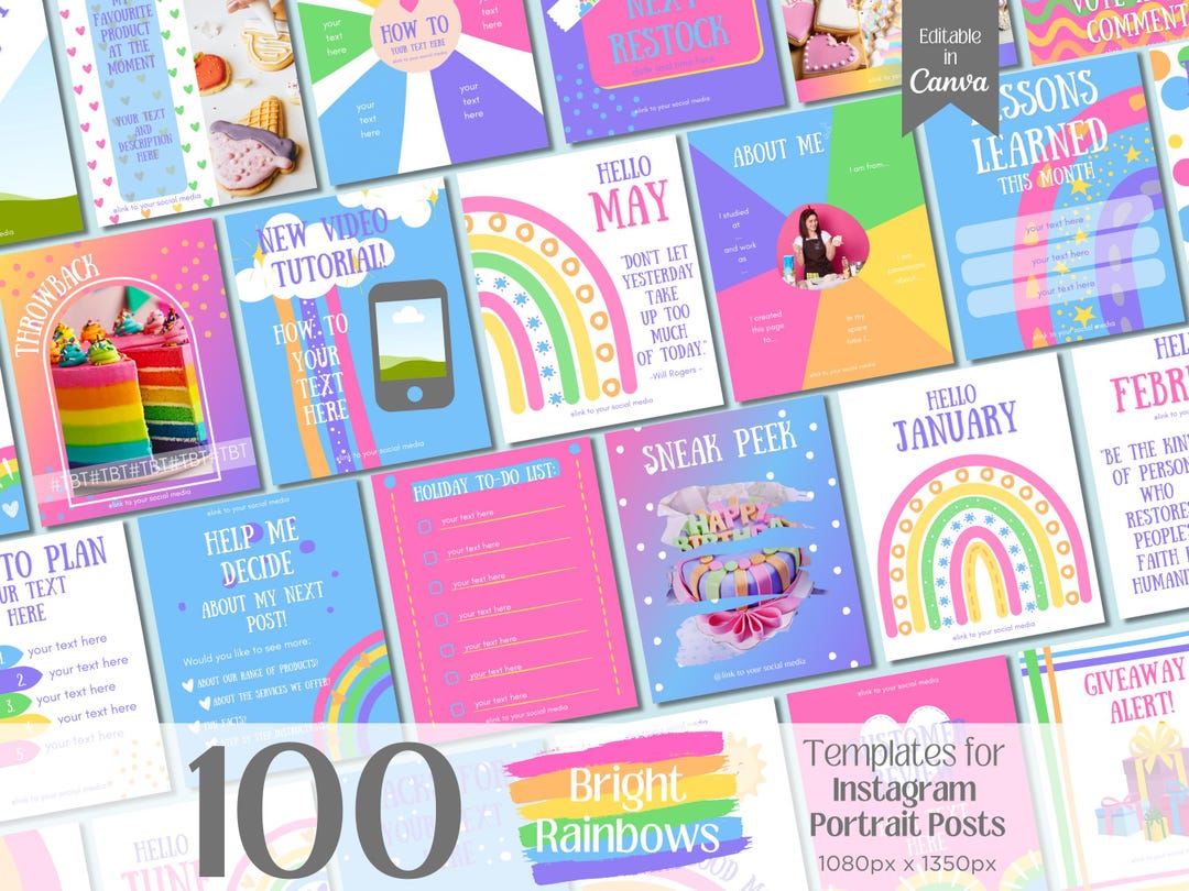 100 Bright Rainbow Instagram Portrait Post Templates, Canva Templates ...