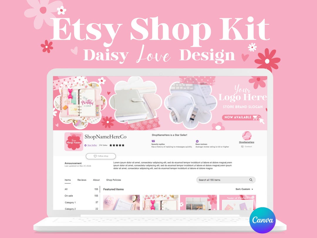 Etsy Shop Kit Canva Templates - Pink Cute Etsy Shop Banners, Listing ...