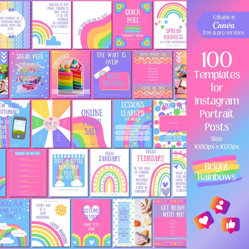 100 Post Templates New Instagram Grid Layout, Bright Colorful Rainbow ...