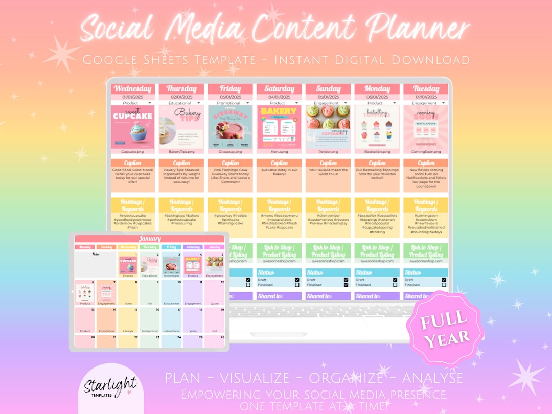 Social Media Content Calendar and Planner, Google Sheets Spreadsheet ...