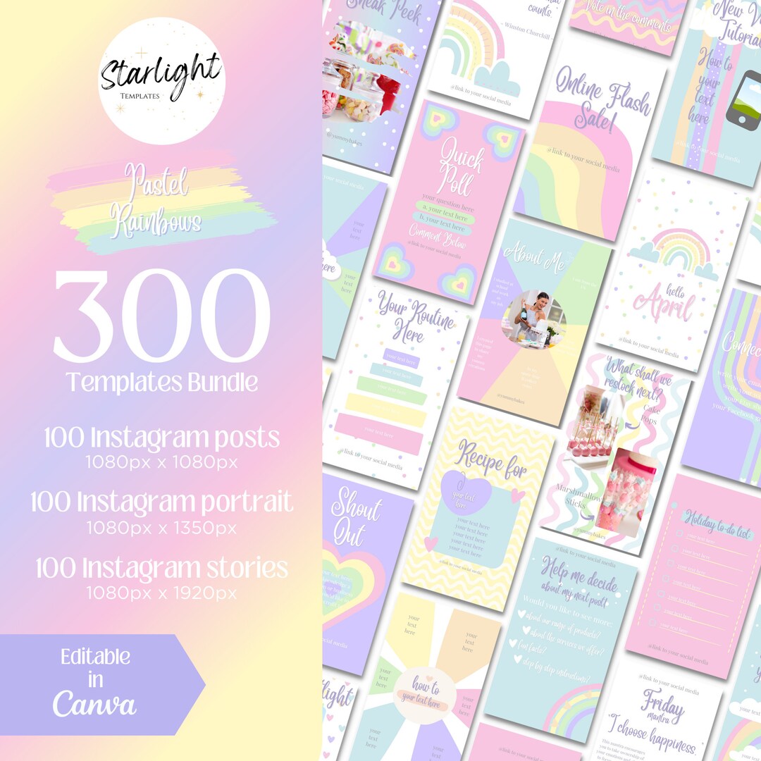 300 Pastel Rainbow Instagram Templates Bundle | Pastel IG Feed Posts ...