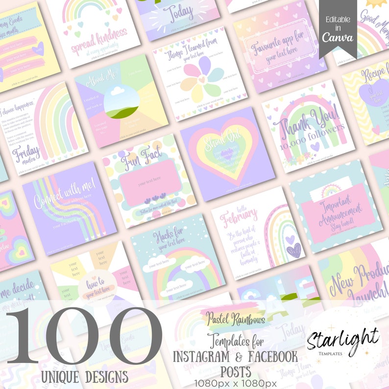Pastel Rainbow Instagram Templates, Instagram Rainbow Posts, Social ...