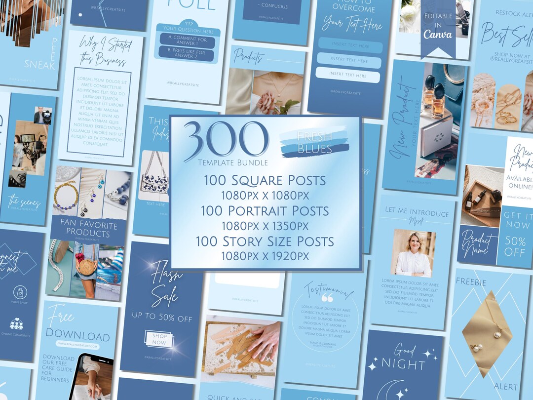 300 Blue Instagram Posts & Stories Bundle, Social Media Content ...