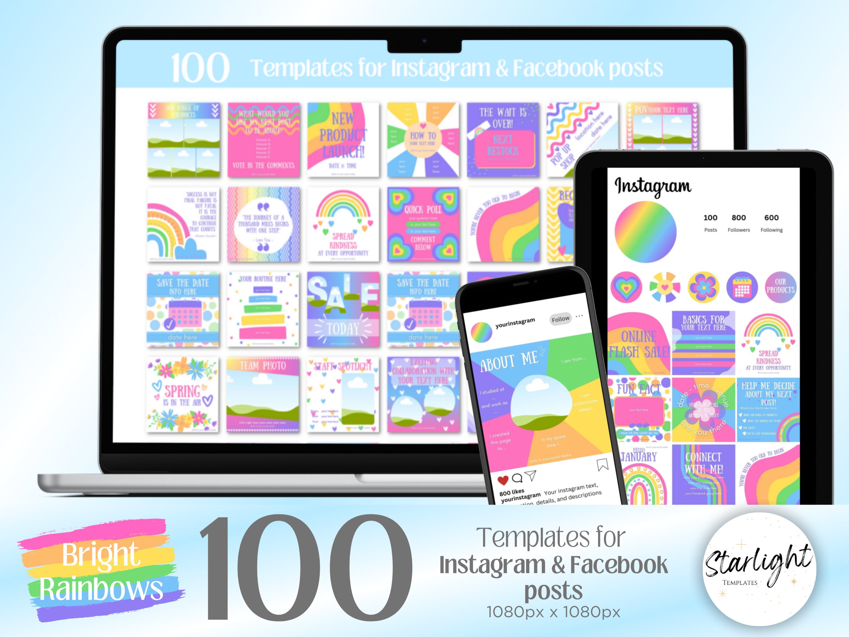 Bright Rainbow Instagram Post Templates Colorful Canva Templates ...