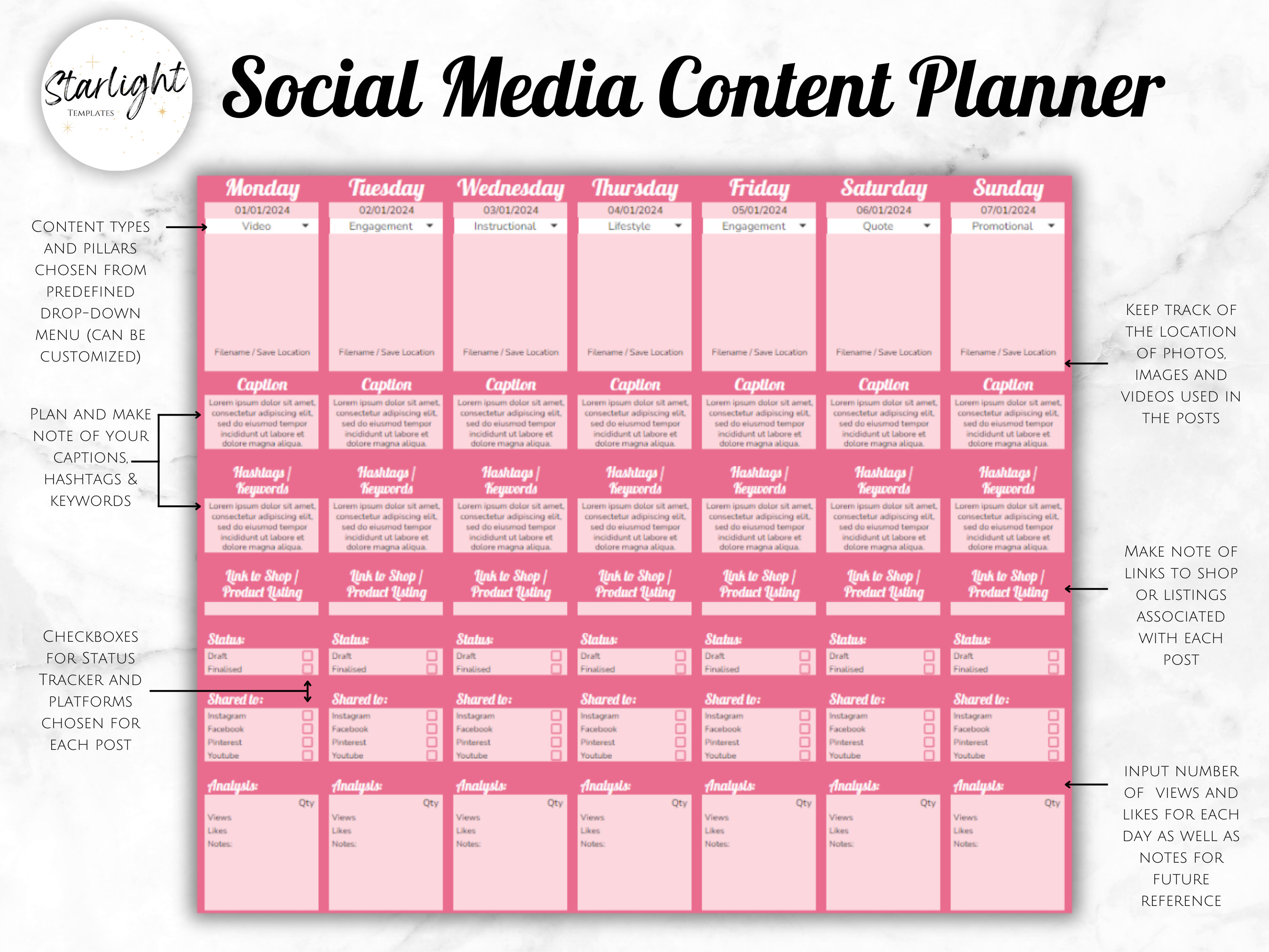 Social Media Content Calendar Full Year Planner, Social Media Scheduler ...