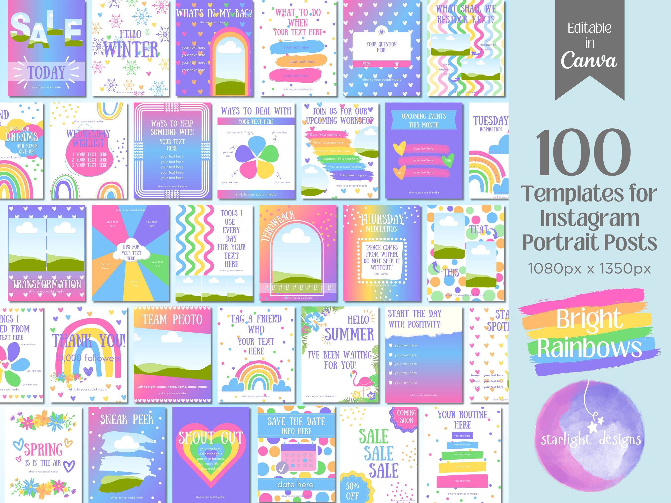 100 Bright Rainbow Instagram Portrait Post Templates, Canva Templates ...