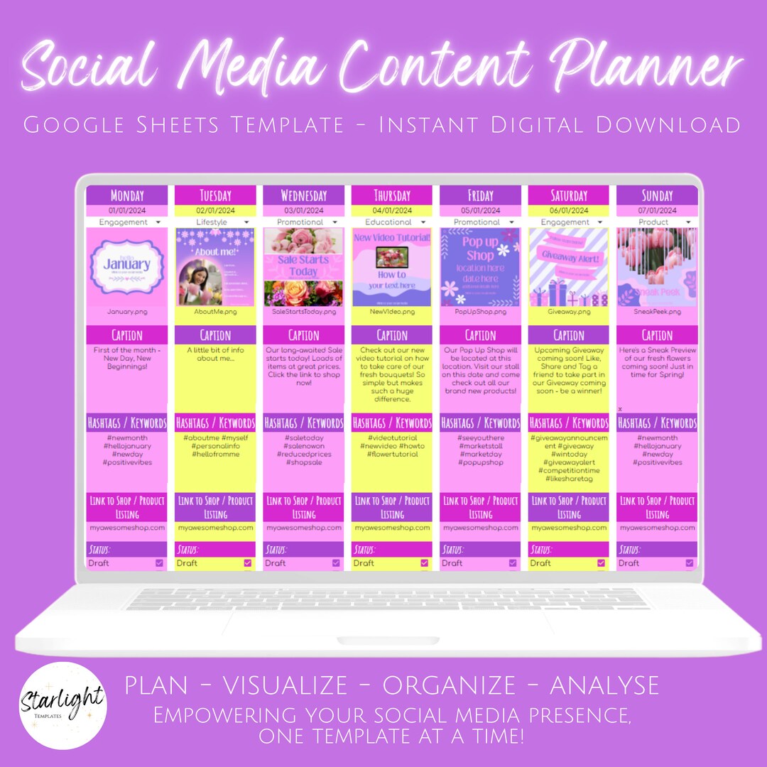 Full Year Social Media Content Planner, Google Sheets Spreadsheet ...