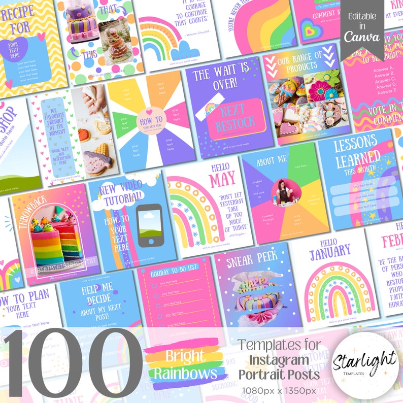 100 Bright Rainbow Instagram Portrait Post Templates, Canva Templates ...