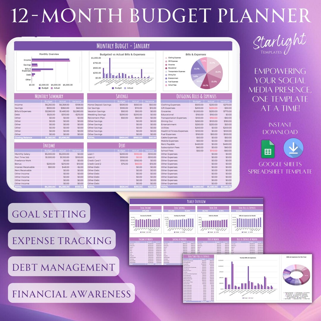 12-month Purple Budget Planner Spreadsheet, Financial Planner, Monthly ...