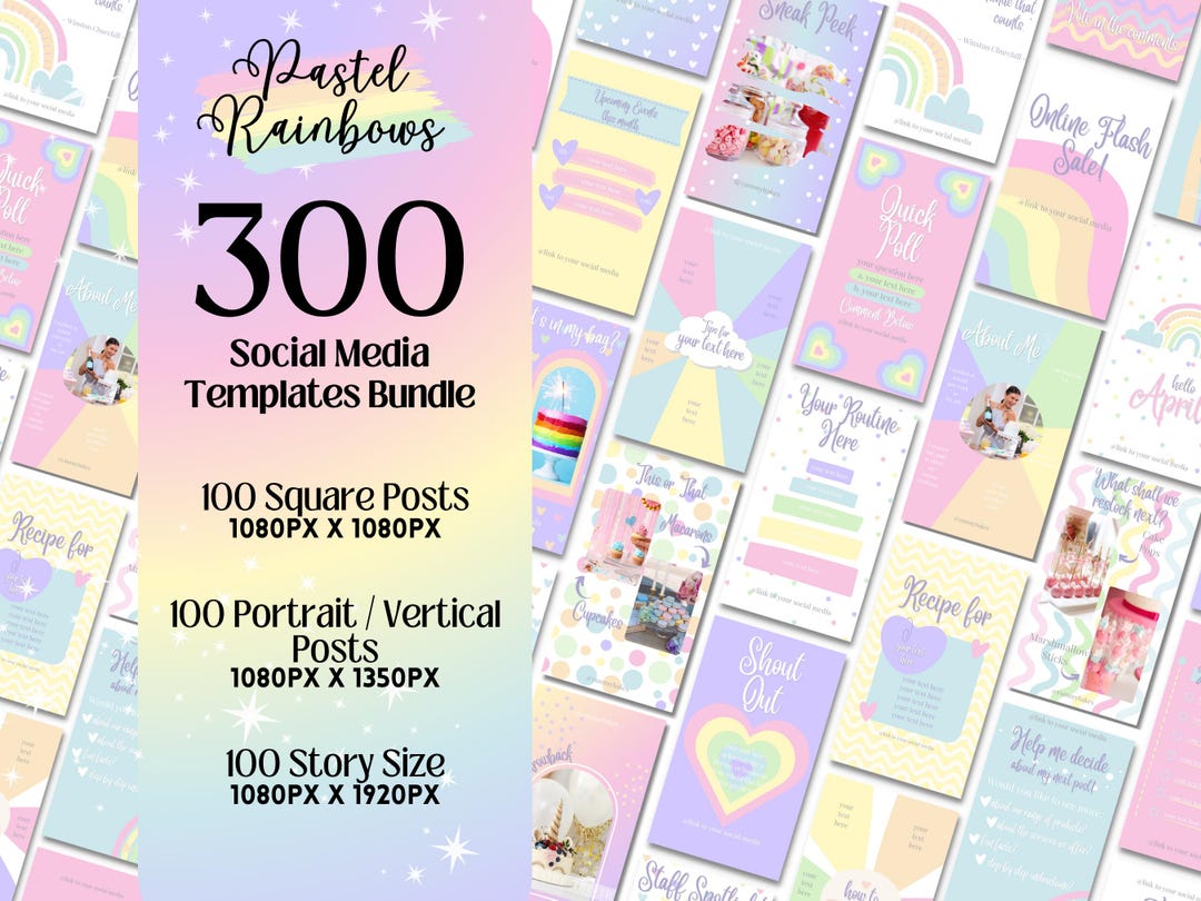 300 Pastel Rainbow Instagram Templates Bundle | Pastel IG Feed Posts ...