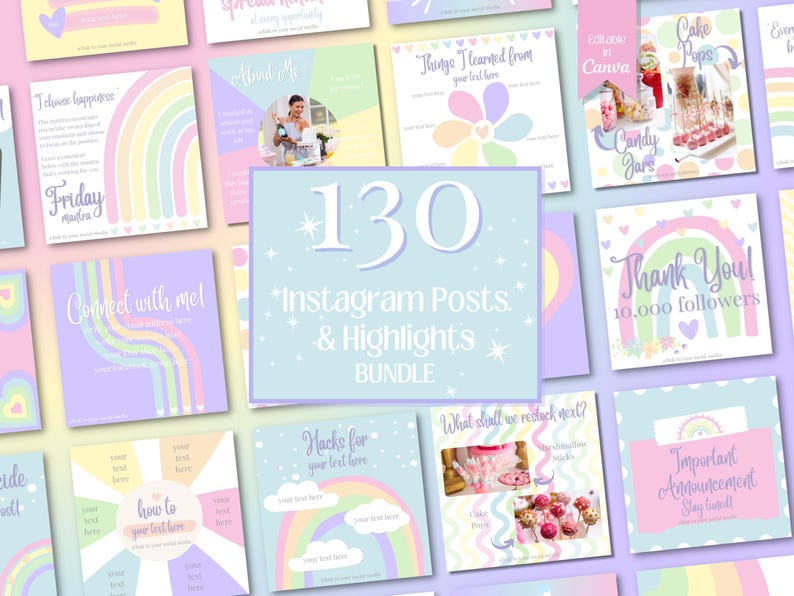 Rainbow Pastel Instagram Templates, 100 IG Posts & 30 Highlight Covers ...