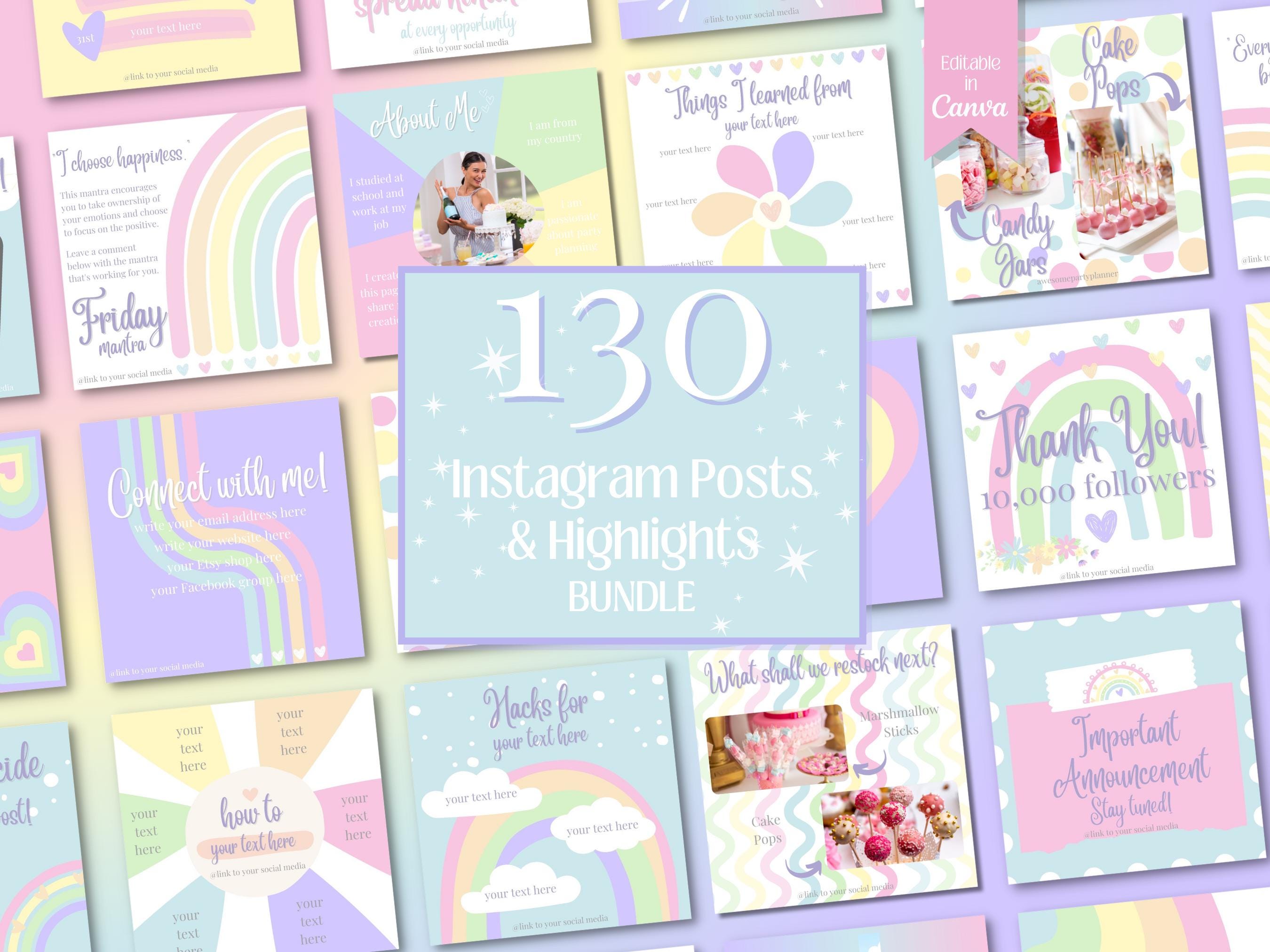Rainbow Pastel Instagram Templates, 100 IG Posts & 30 Highlight Covers ...