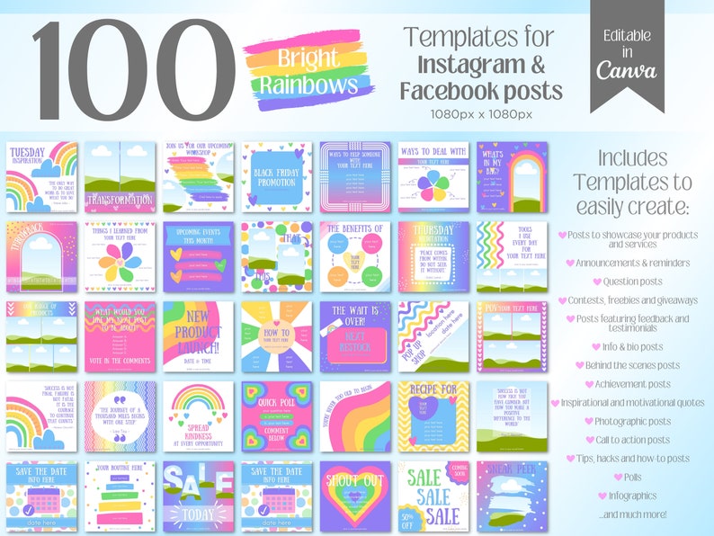 Bright Rainbow Instagram Post Templates Colorful Canva Templates ...