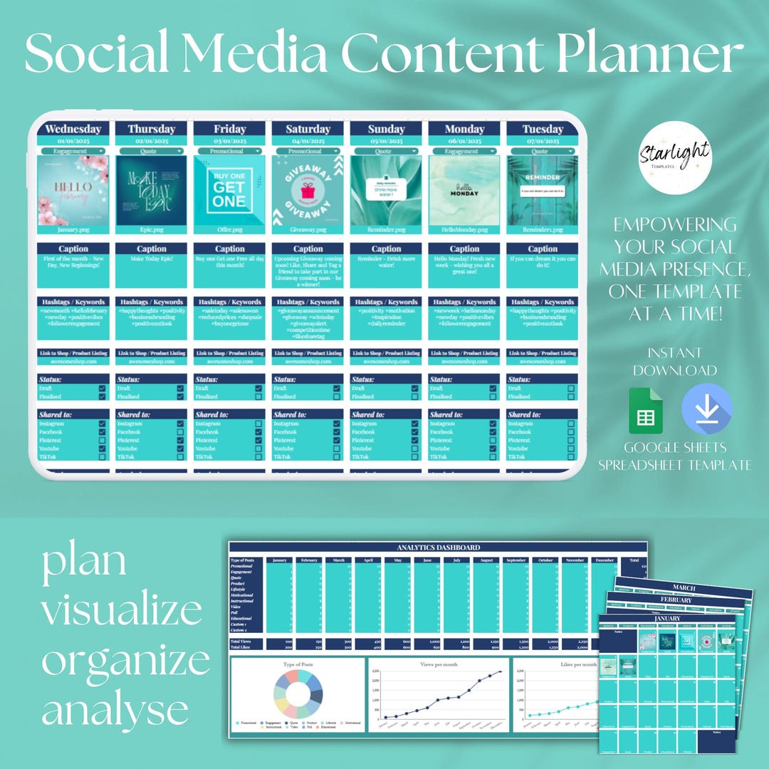 Social Media Content Planner and Calendar, Google Sheets Spreadsheet ...