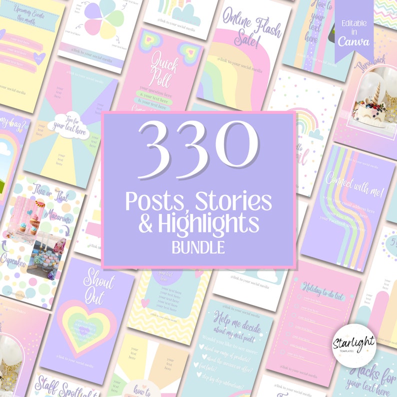 330 Instagram Templates Bundle, Pastel Rainbow Instagram Posts, Stories ...